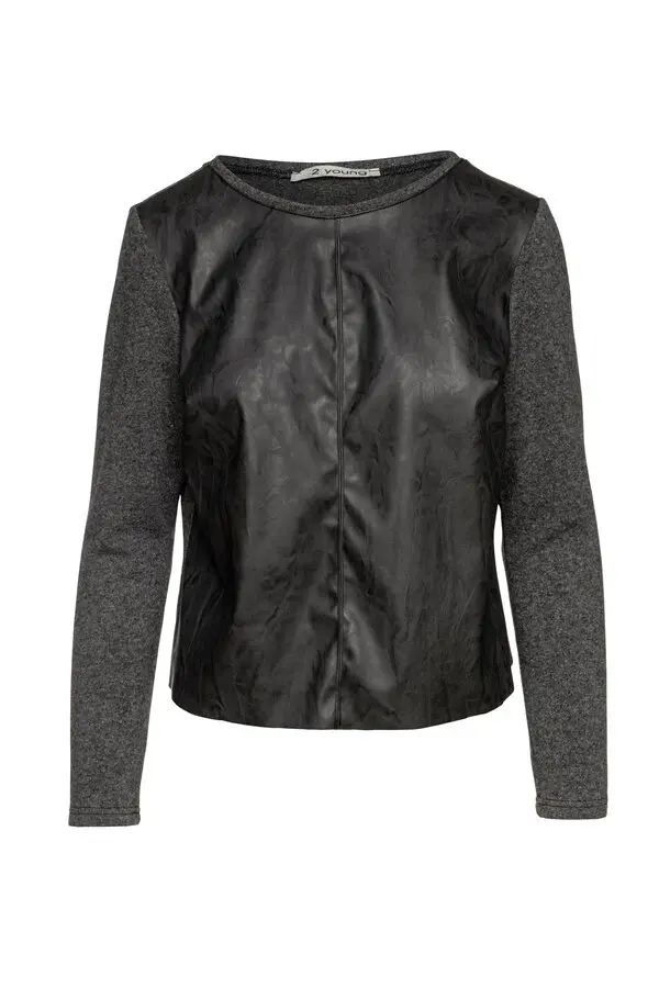 CONQUISTA Dark Faux Leather Detail Top - Grey