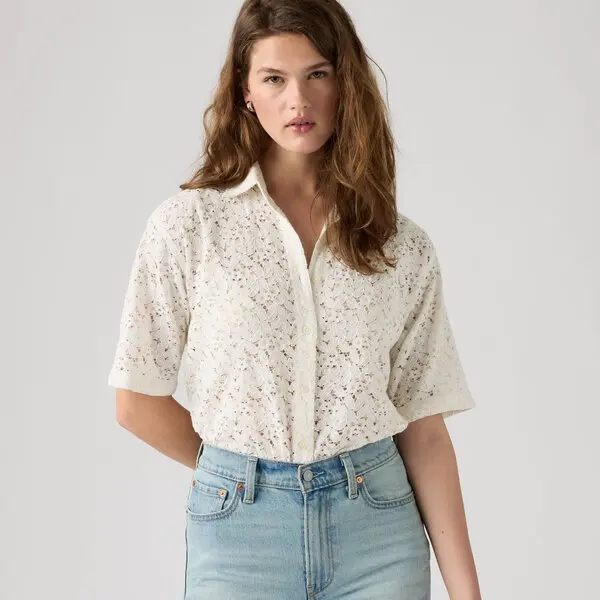 LEVI'S Harlie Boyfriend Short-sleeve Lace Button Down Shirt - Egret
