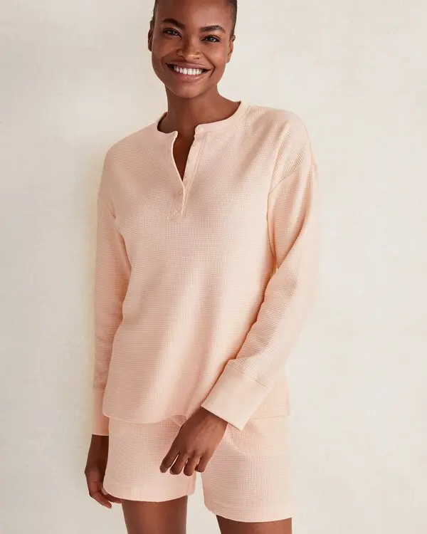 HAVEN WELL WITHIN Organic Cotton Waffle Knit Henley - Peach
