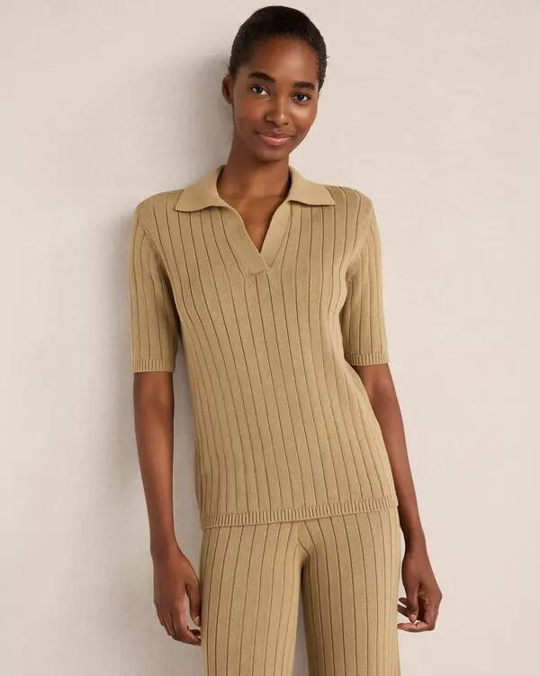 HAVEN WELL WITHIN Organic Cotton Ribbed Short Sleeve Polo Sweater - Truffle