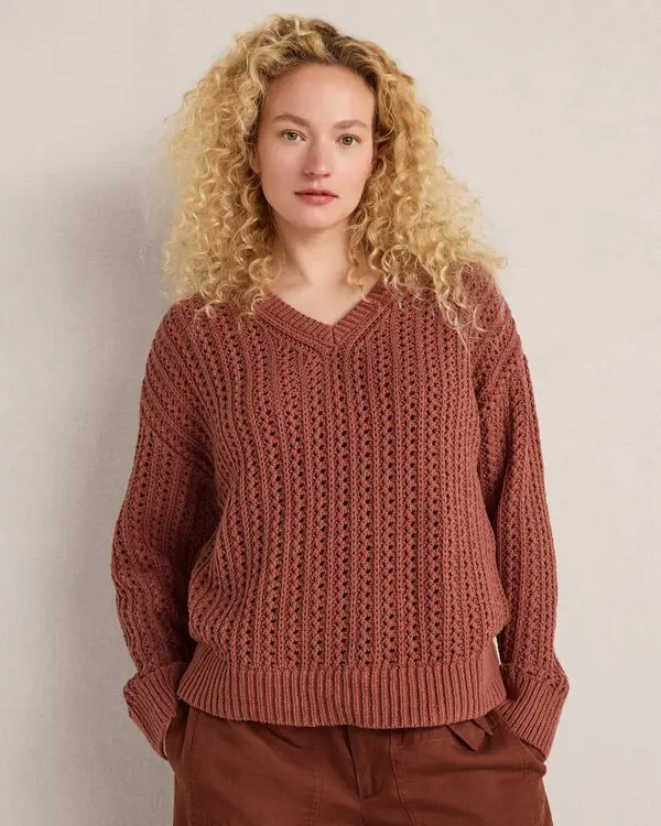 HAVEN WELL WITHIN Textured Cotton Blend V-neck Sweater - Red Clay