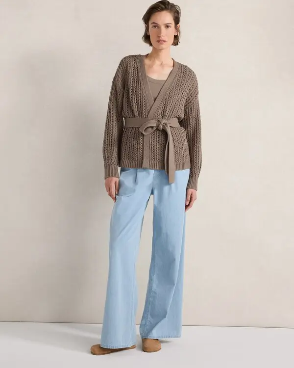 HAVEN WELL WITHIN Textured Cotton Blend Belted Cardigan - Ivory