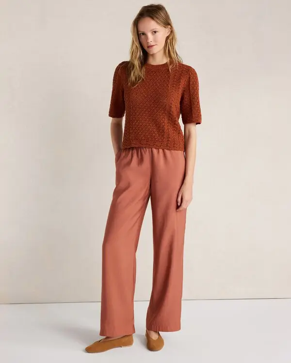 HAVEN WELL WITHIN Organic Cotton Linen Pointelle Short Sleeve Sweater - Cappuccino