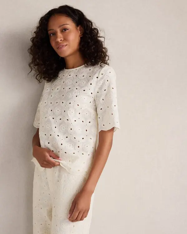 HAVEN WELL WITHIN Organic Cotton Eyelet Short Sleeve Top - Ivory