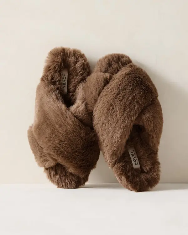 HAVEN WELL WITHIN Faux Fur Criss-cross Slippers - Cocoa Bean