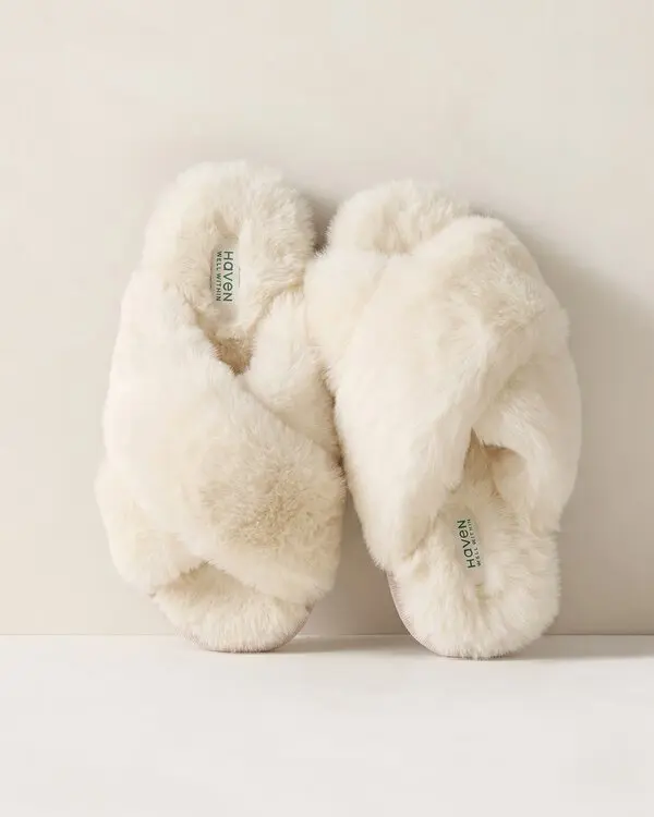 HAVEN WELL WITHIN Faux Fur Criss-cross Slippers - Cream