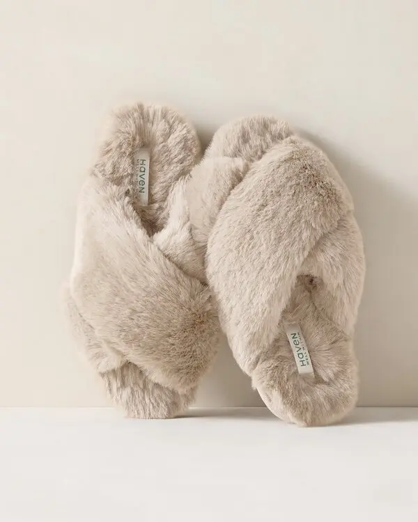 HAVEN WELL WITHIN Faux Fur Criss-cross Slippers - Mink