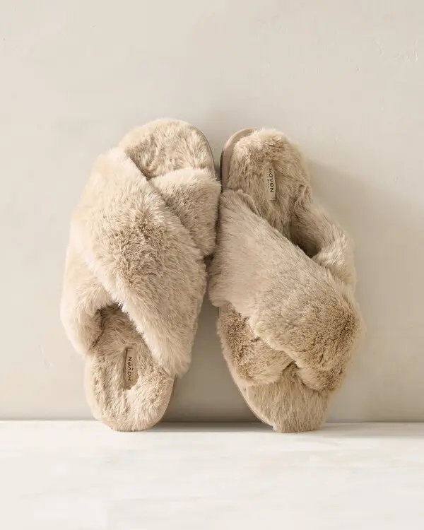 HAVEN WELL WITHIN Faux Fur Criss-cross Slippers - Oat