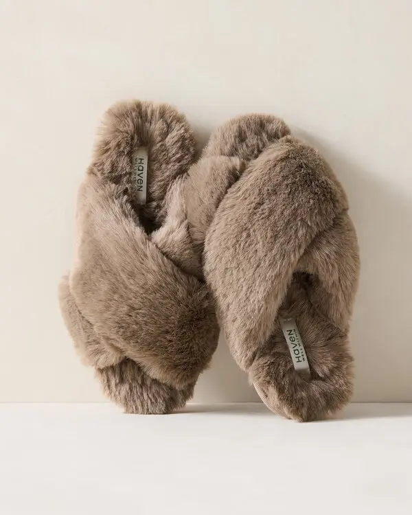HAVEN WELL WITHIN Faux Fur Criss-cross Slippers - Stone Grey