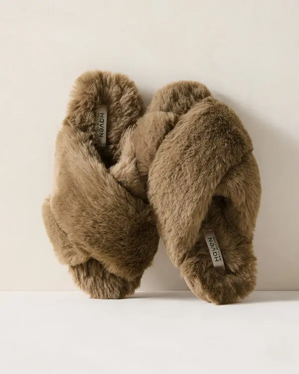 HAVEN WELL WITHIN Faux Fur Criss-cross Slippers - Truffle