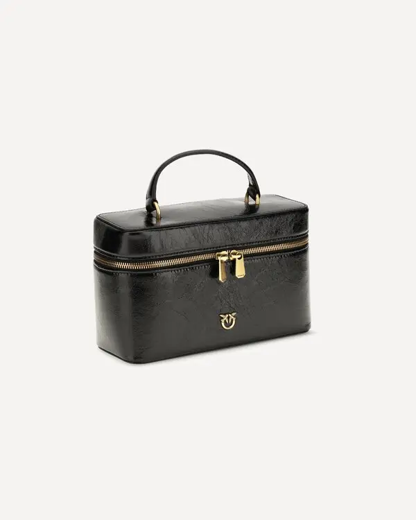 Pinko Classic Leather Beauty Case With Top Handle And Shoulder Strap - Black