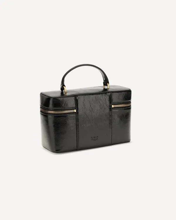 Pinko Classic Leather Beauty Case With Top Handle And Shoulder Strap - Black