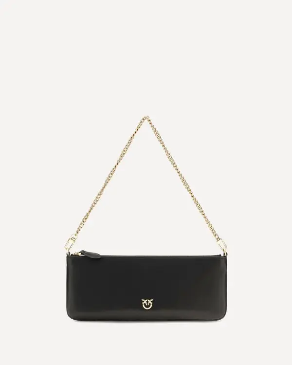 Pinko Horizontal Flat Leather Shoulder Bag - Black