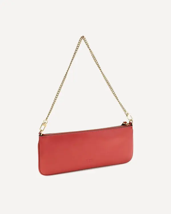 Pinko Horizontal Flat Leather Shoulder Bag With Chain Strap - Red