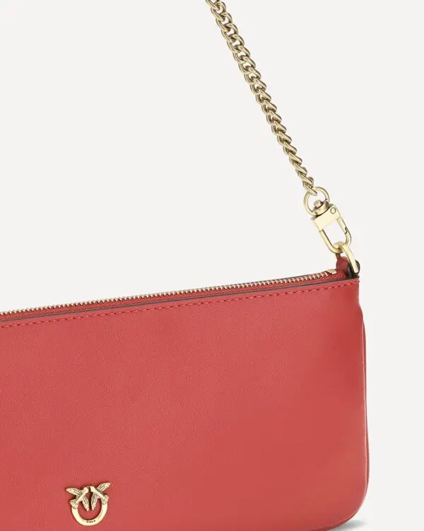 Pinko Horizontal Flat Leather Shoulder Bag With Chain Strap - Red