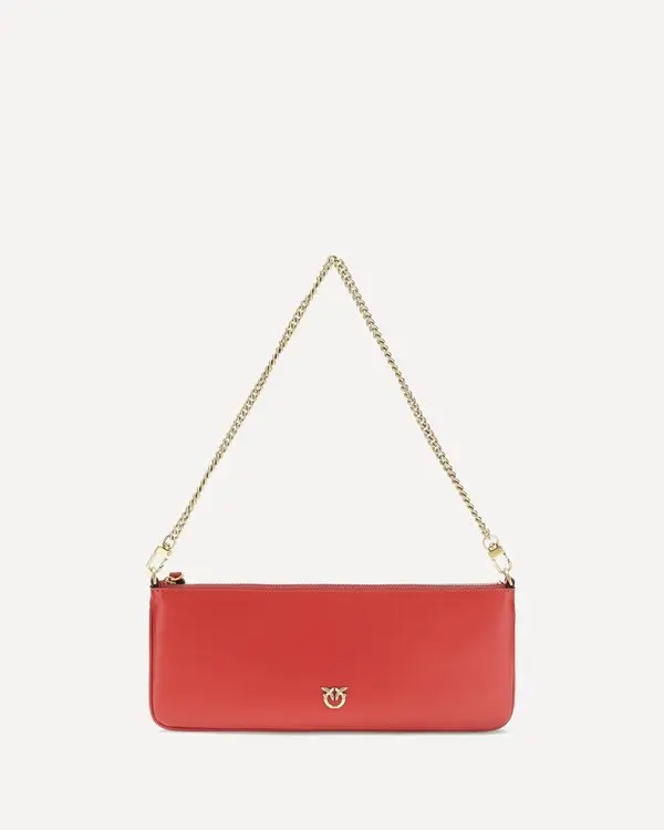 Pinko Horizontal Flat Leather Shoulder Bag With Chain Strap - Red