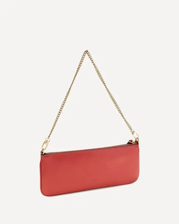 Pinko Horizontal Flat Leather Shoulder Bag With Chain Strap - Red