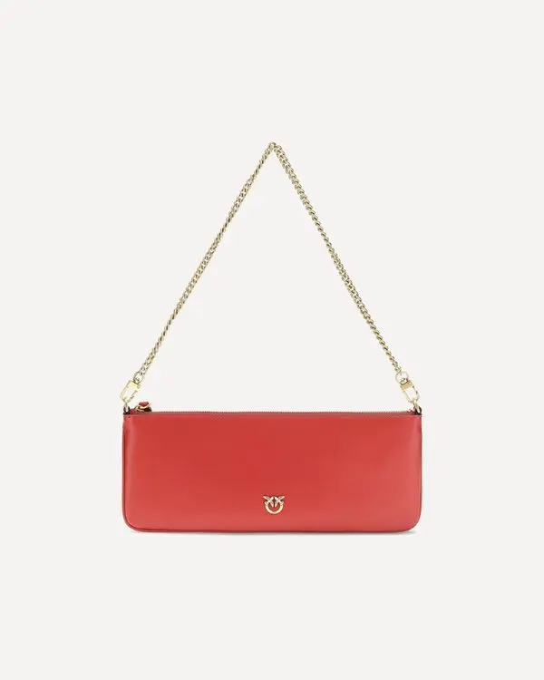 Pinko Horizontal Flat Leather Shoulder Bag With Chain Strap - Red