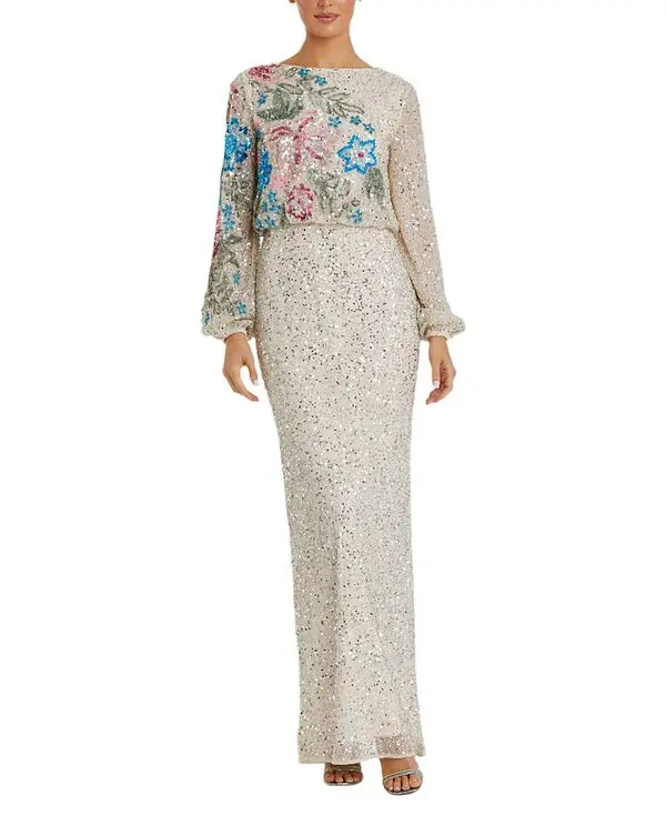 Mac Duggal Embellished Multi Color Floral High Neck Gown - Nude Multi