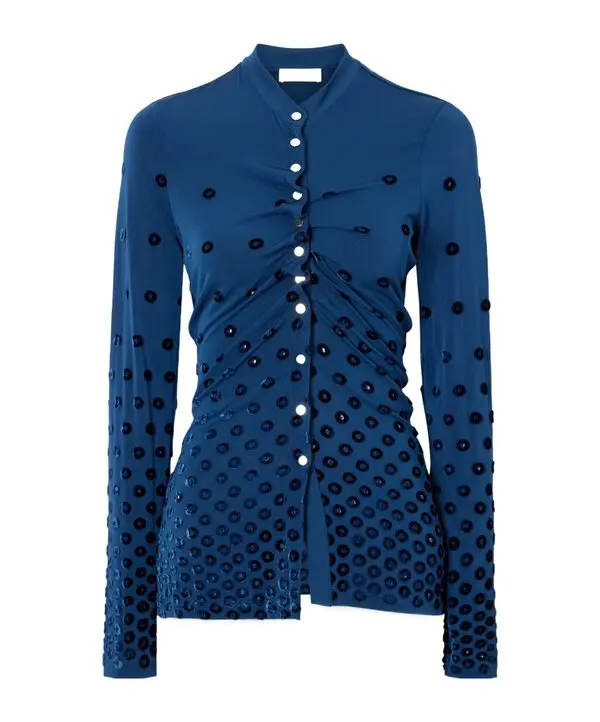 Rabanne Gathered Flocked Jersey Blouse - Blue