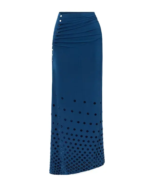 Rabanne Gathered Flocked Jersey Maxi Skirt - Blue
