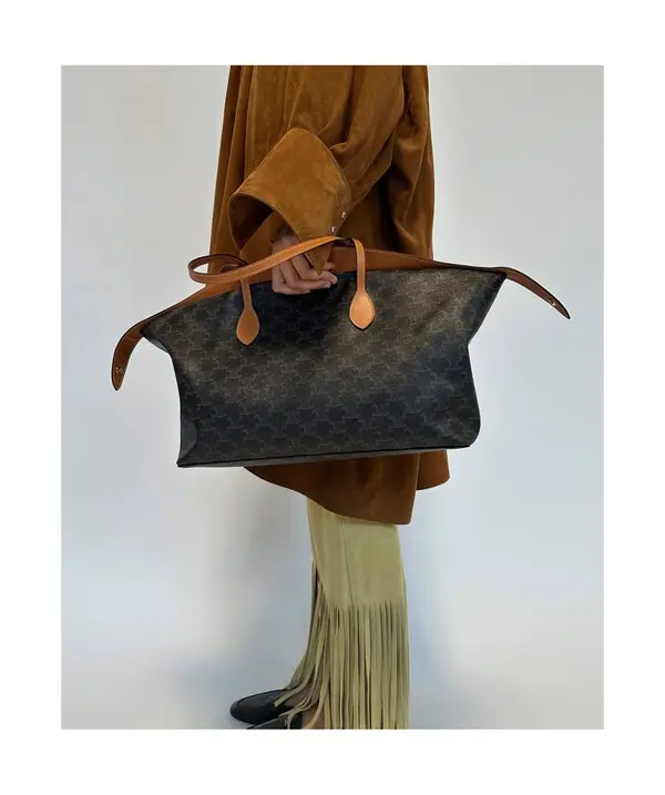 Celine Large Duffle Bag In Triomphe Canvas And Natural Calfskin - Honey-colored