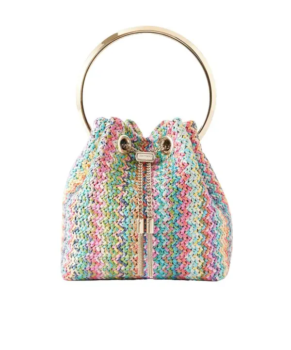 JIMMY CHOO Bon Bon Striped Woven Raffia Bucket Bag - Multicolor