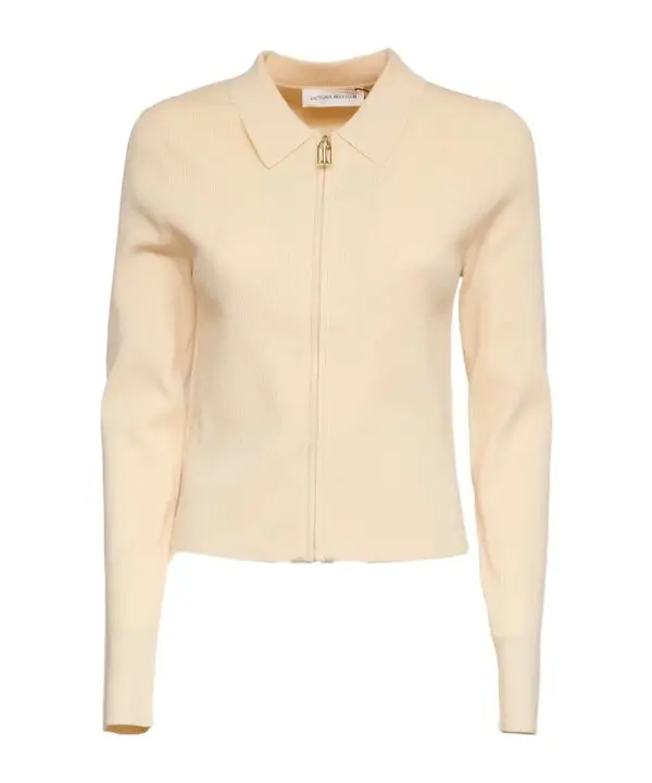 Victoria Beckham Mila Ribbed-knit Zipped Cardigan - Nude