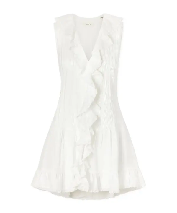 DÔEN Henrietta Ruffled Embroidered Ramie Mini Dress - White