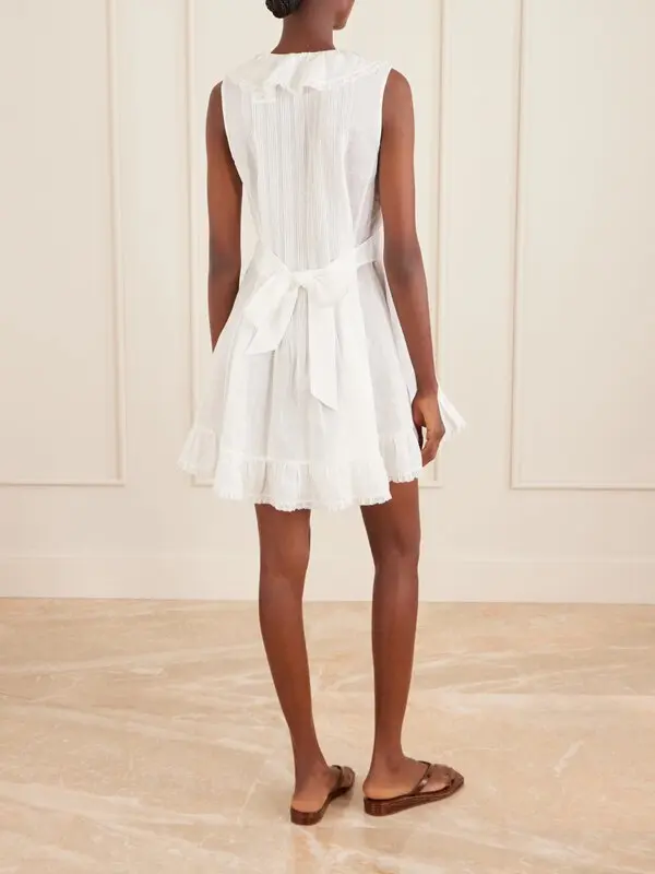 DÔEN Henrietta Ruffled Embroidered Ramie Mini Dress - White