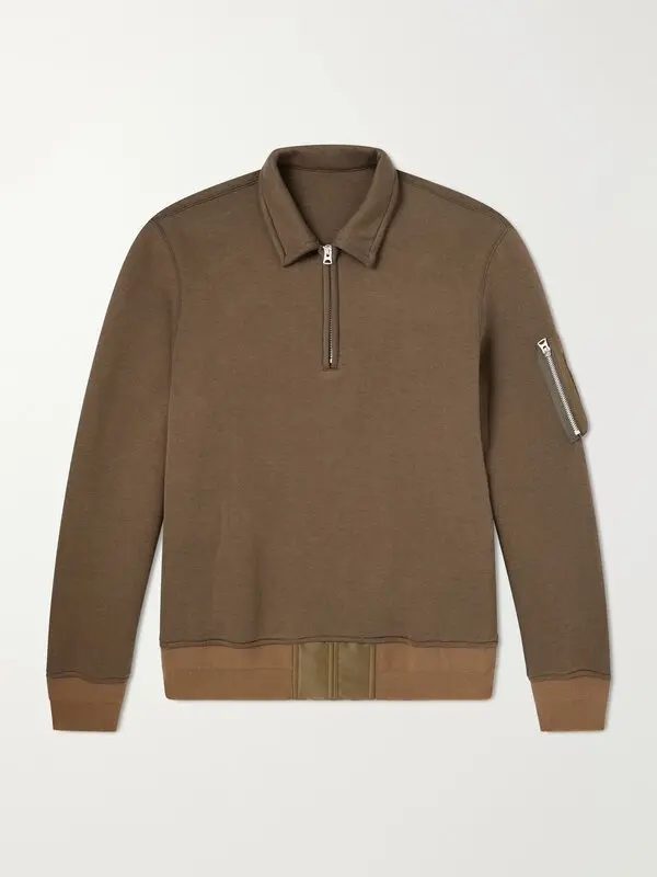 Sacai Cotton-blend Half-zip Sweater With Ma-1 Sleeve Pocket - Brown