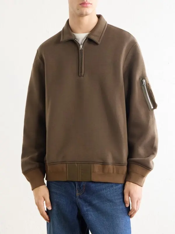 Sacai Cotton-blend Half-zip Sweater With Ma-1 Sleeve Pocket - Brown