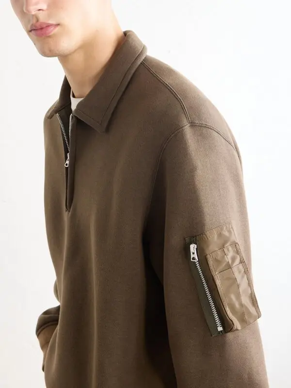 Sacai Cotton-blend Half-zip Sweater With Ma-1 Sleeve Pocket - Brown