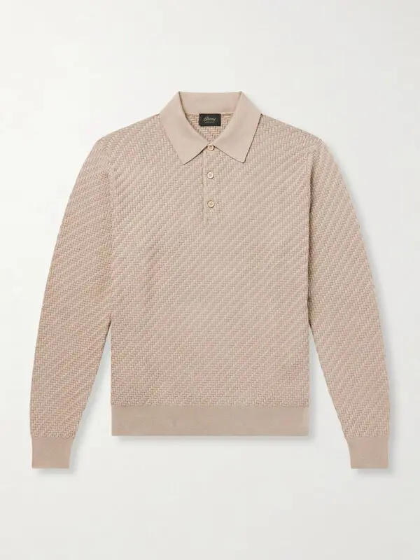 Brioni Woven Cotton, Cashmere And Silk-blend Polo Sweater