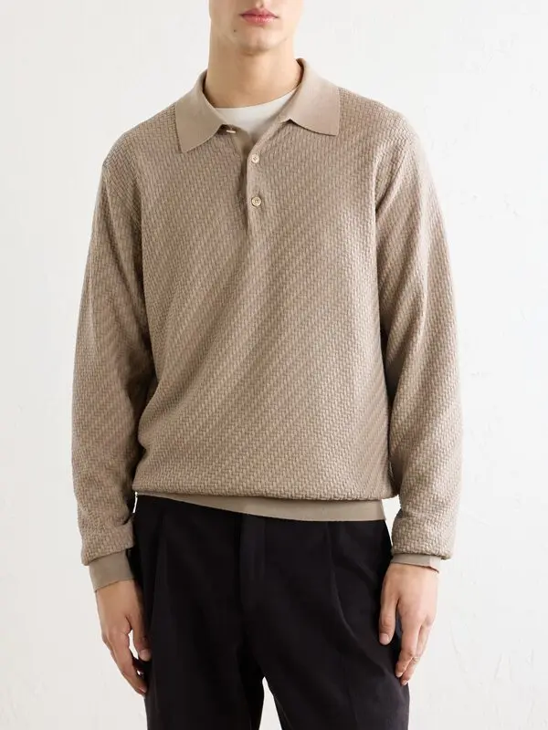 Brioni Woven Cotton, Cashmere And Silk-blend Polo Sweater