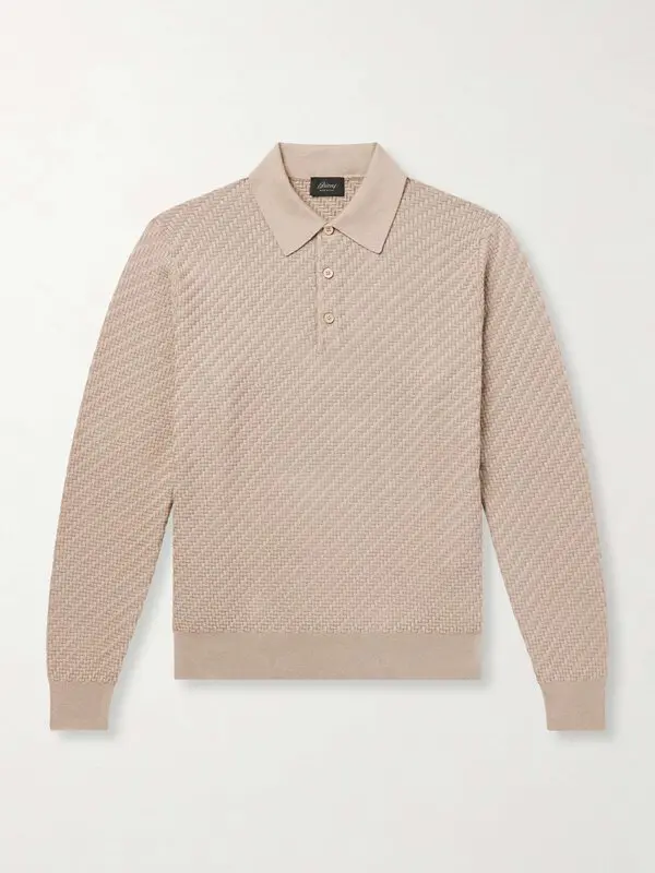Brioni Woven Cotton, Cashmere And Silk-blend Polo Sweater - Light Brown