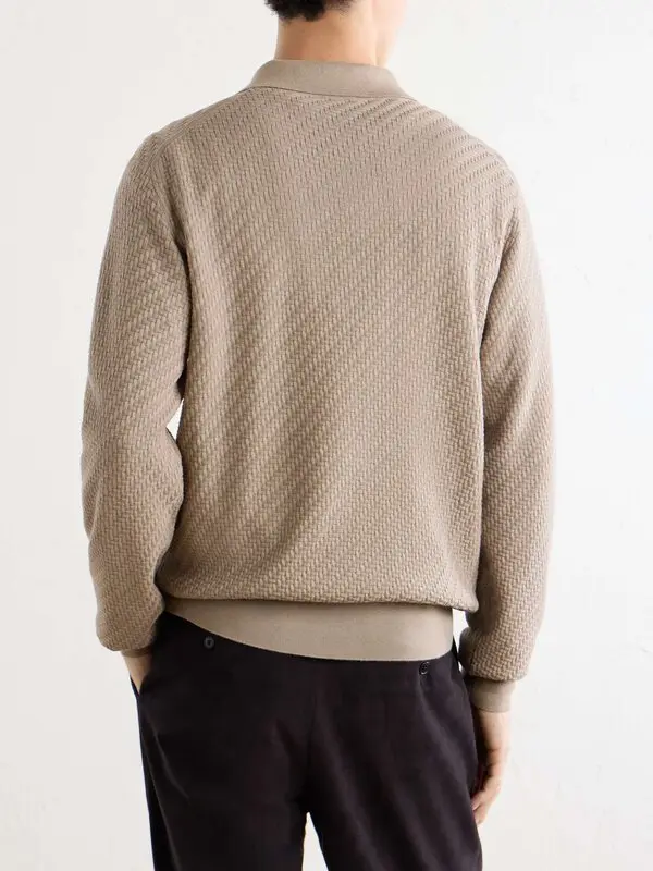 Brioni Woven Cotton, Cashmere And Silk-blend Polo Sweater