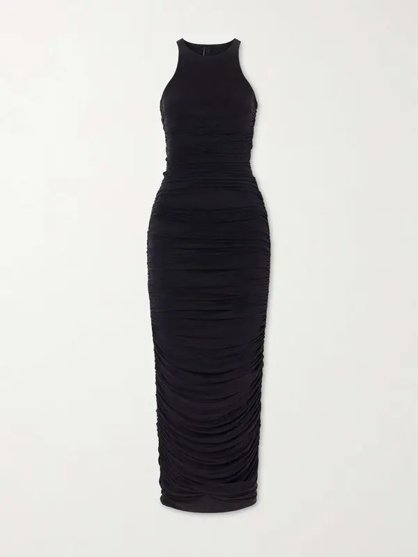 SKIMS Long Ruched Stretch Cupro-jersey Wrap Maxi Dress Obsidian - Black