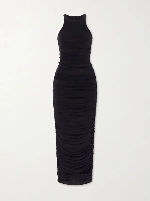SKIMS Long Ruched Stretch Cupro-jersey Wrap Maxi Dress - Black