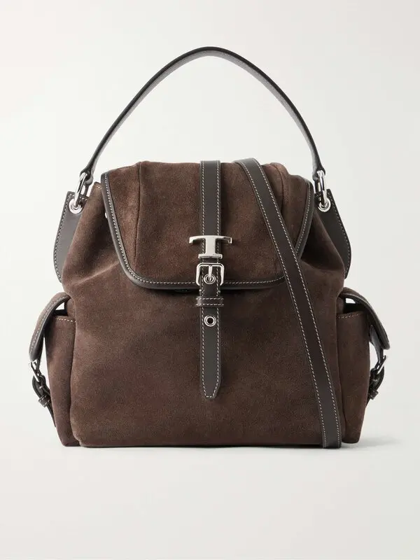 TOD'S Tim Zaino Mini Leather-trimmed Suede Shoulder Bag - Chocolate