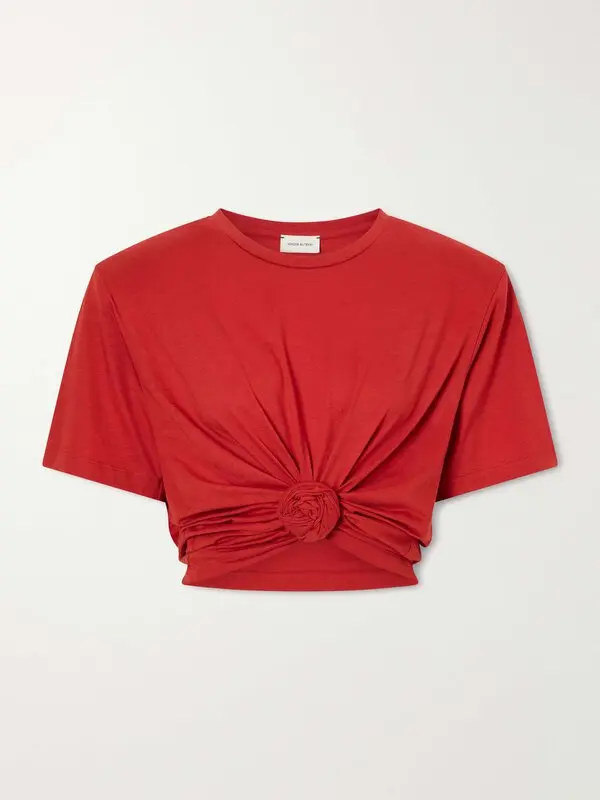 Magda Butrym Knotted Cropped Cotton-blend Jersey T-shirt - Red