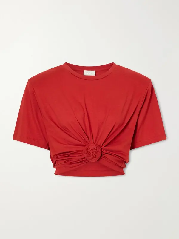 Magda Butrym Knotted Cropped Cotton-blend Jersey T-shirt - Red