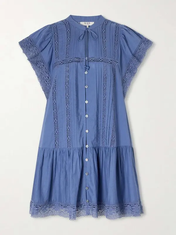 Sea Pippa Tiered Lace-trimmed Cotton Mini Dress - Blue