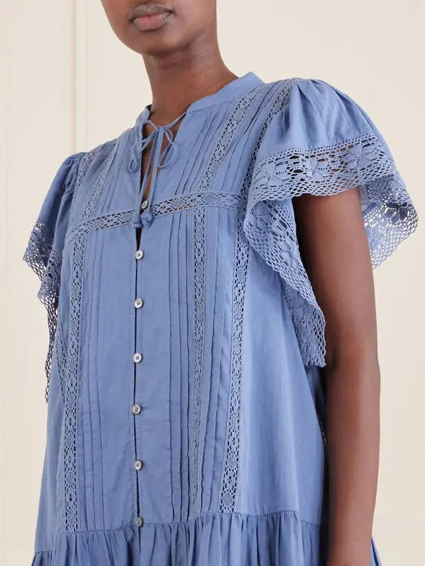Sea Pippa Tiered Lace-trimmed Cotton Mini Dress - Blue