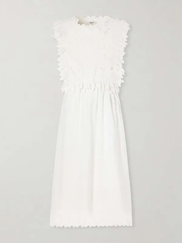 Sea Eleannora Lace-trimmed Cotton-voile Midi Dress - White