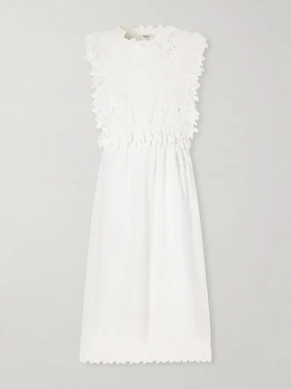 Sea Eleannora Lace-trimmed Cotton-voile Midi Dress - White
