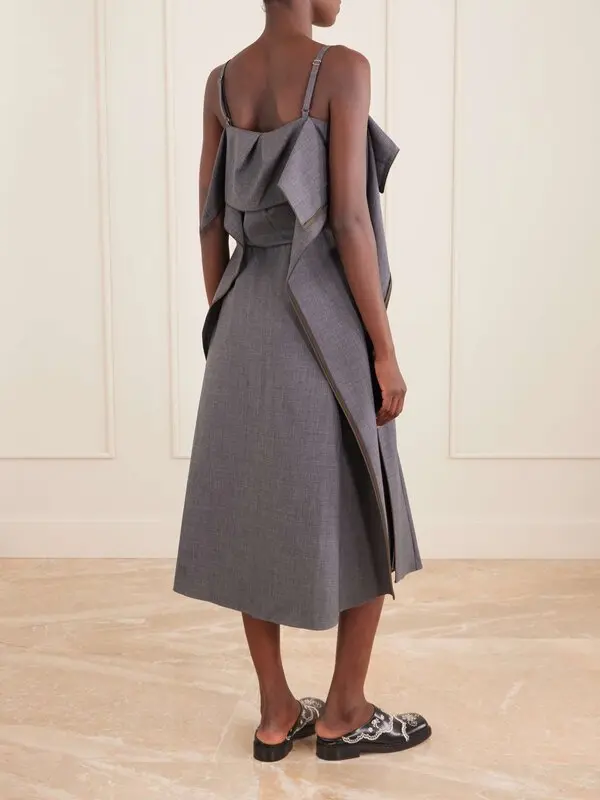 Sacai Pleated Ruffled Wool Midi Dress