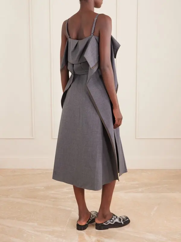 Sacai Pleated Ruffled Wool Midi Dress