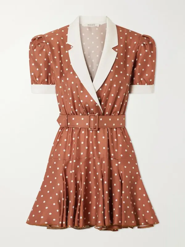 RODARTE Belted Polka Dot Silk Midi Dress - Brown