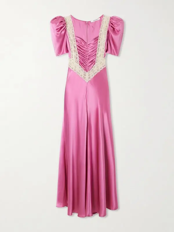 RODARTE Ruched Embroidered Lace-trimmed Silk-twill Maxi Dress - Pink